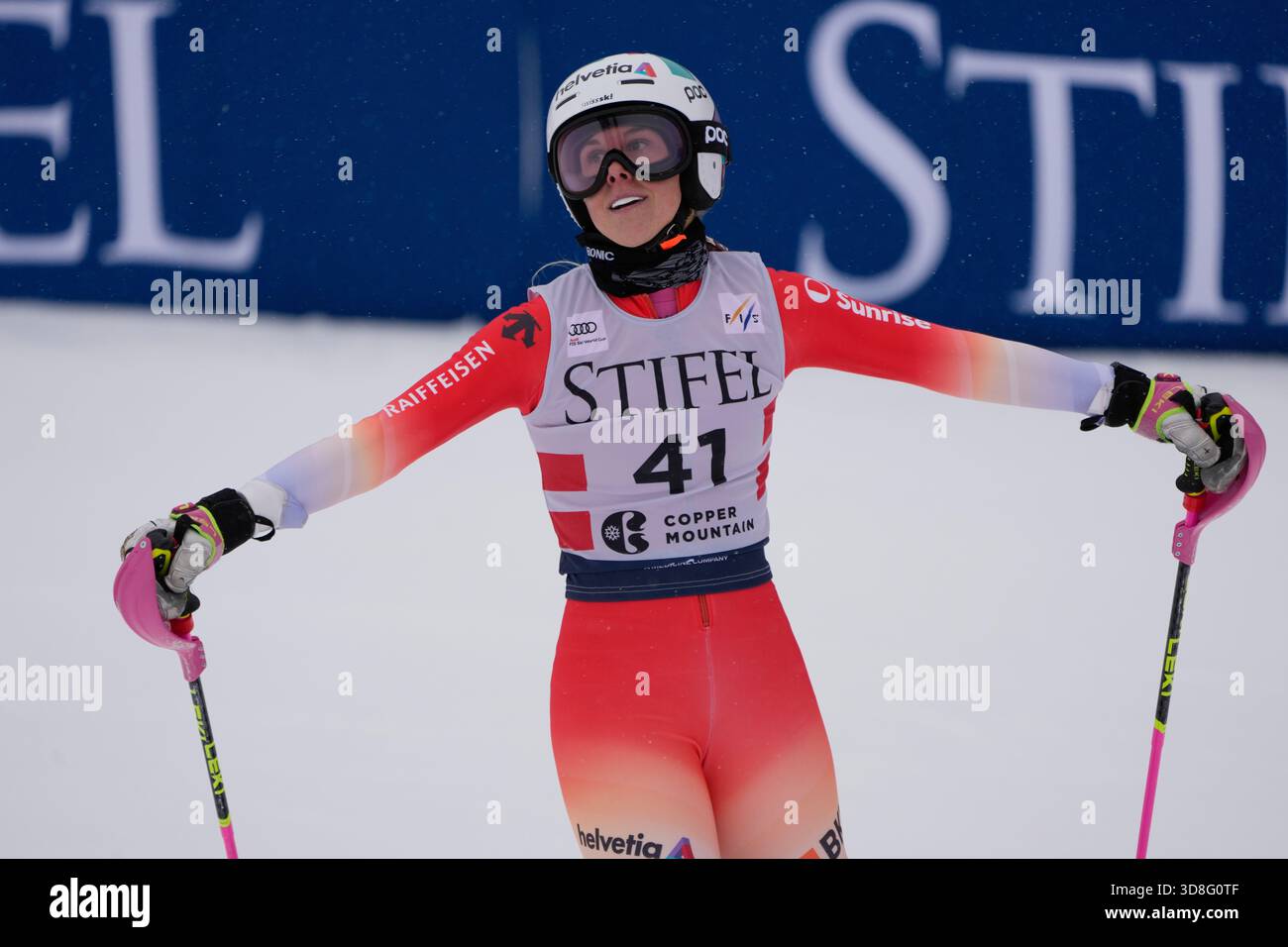 Switzerland's Aline Danioth reacts after her run during a World Cup ...