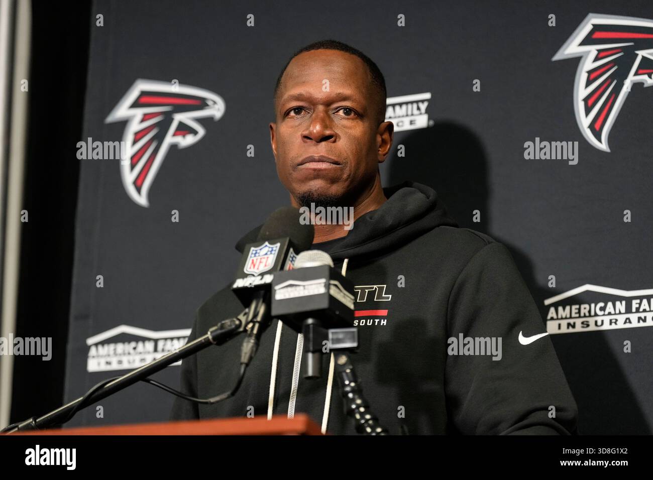 Atlanta Falcons head coach Raheem Morris speaks during a news ...