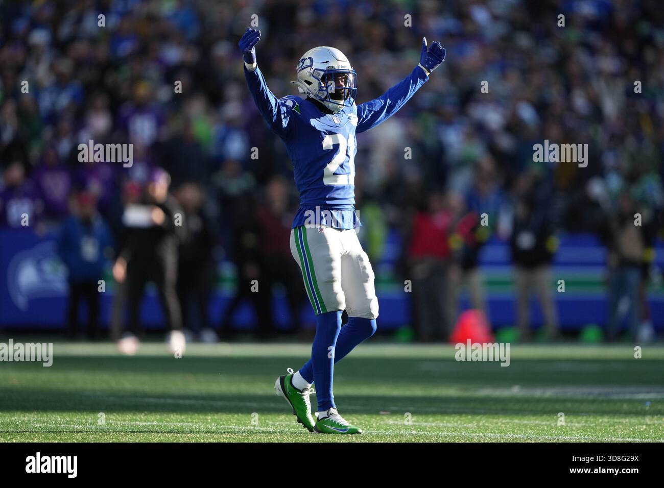 Seattle Seahawks cornerback Devon Witherspoon (21) reacts during the ...