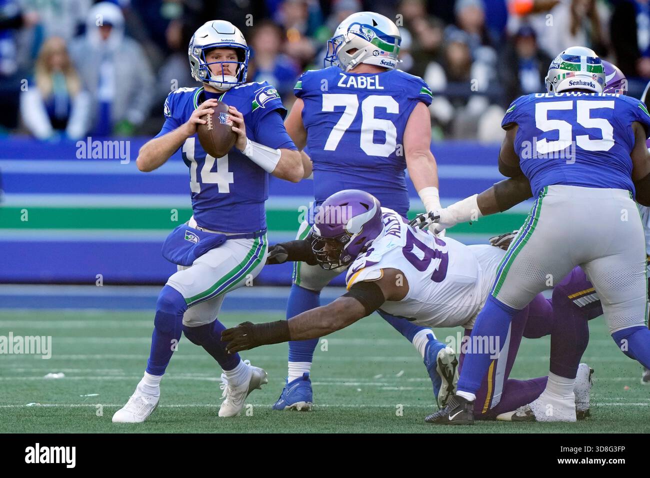 Seattle Seahawks quarterback Sam Darnold (14) looks to pass against ...