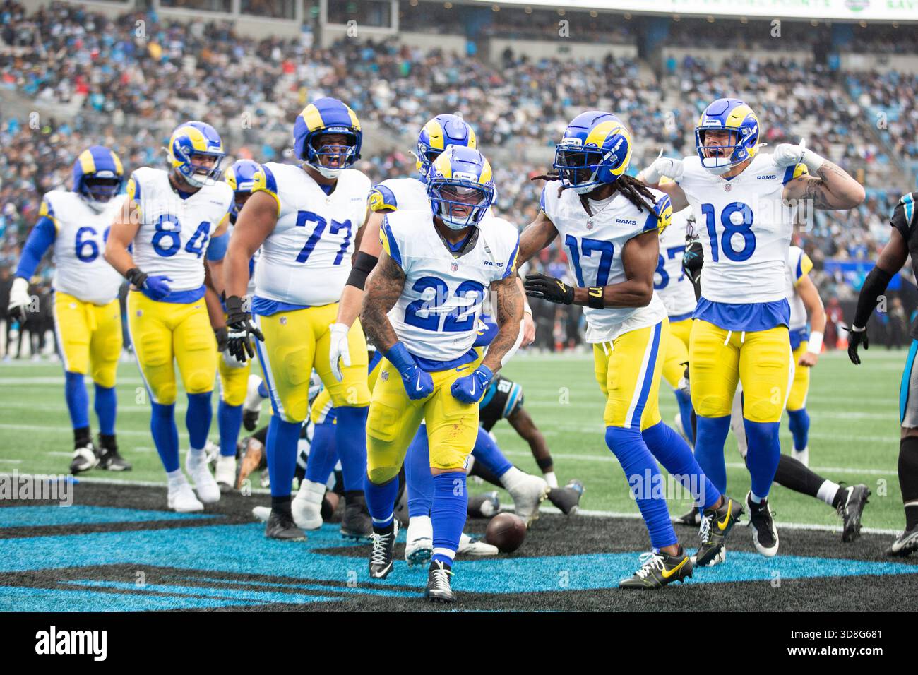 Los Angeles Rams running back Blake Corum (22) celebrates after scoring ...