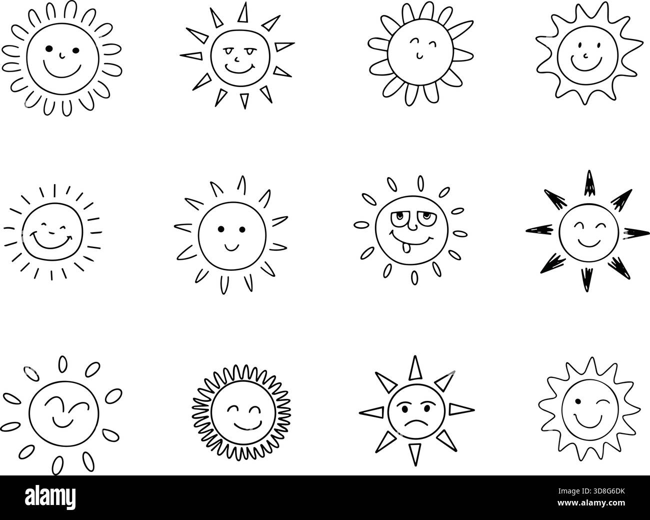 Playful set of hand-drawn sun characters with expressive faces and ...