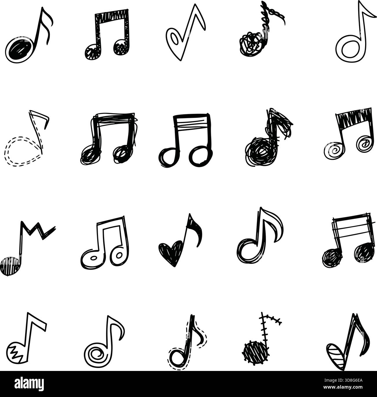 Musical note doodle set with playful shapes and loose hand-drawn lines ...