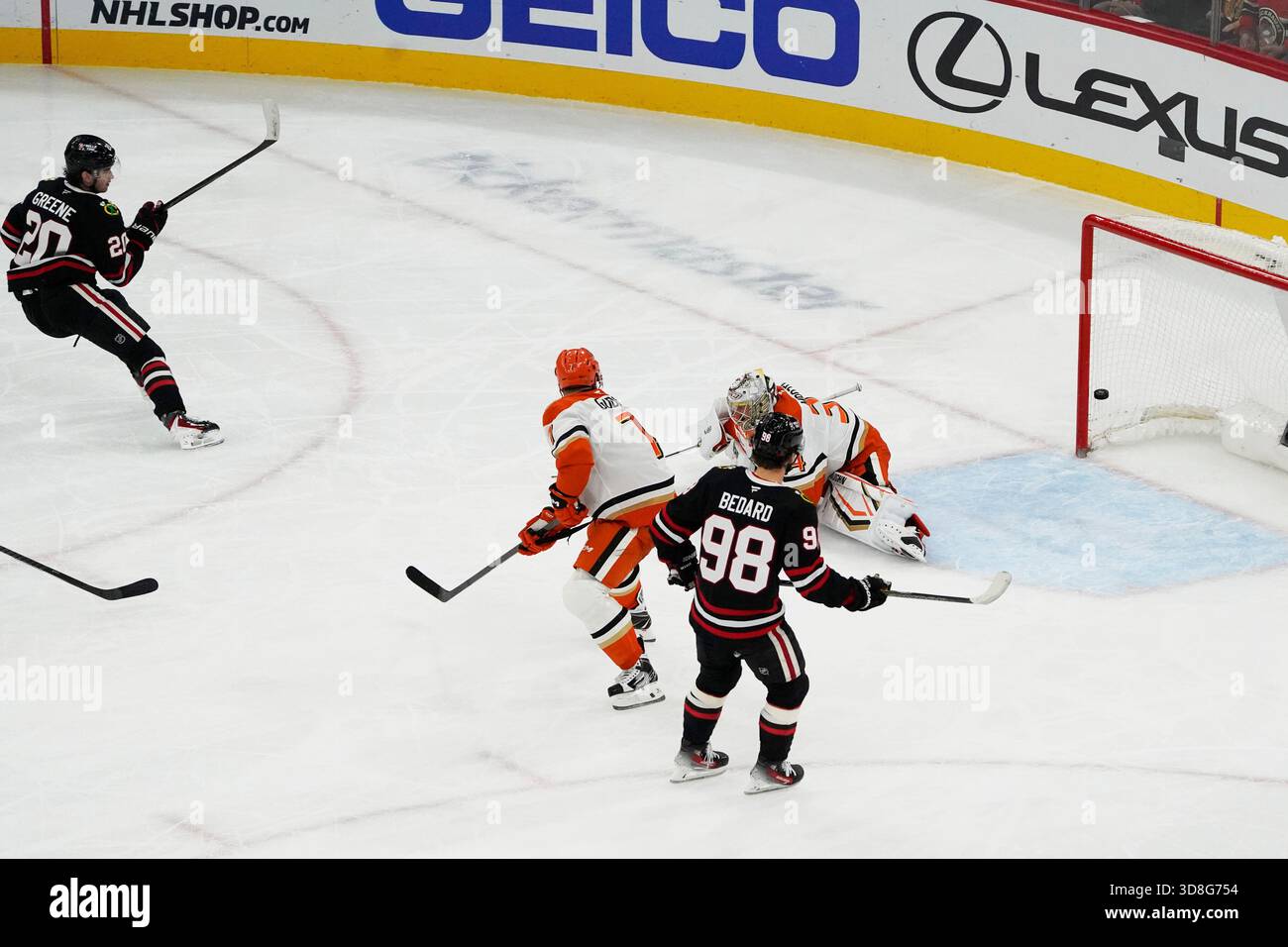Chicago Blackhawks center Ryan Greene (20) scores a goal on Anaheim ...