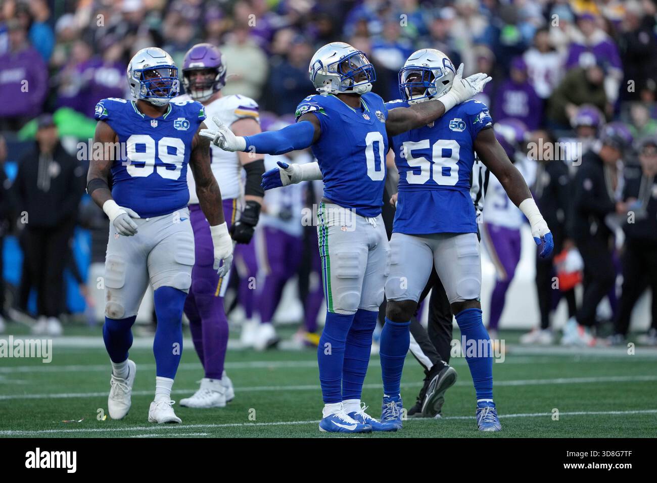 Seattle Seahawks defensive end DeMarcus Lawrence (0) reacts with ...