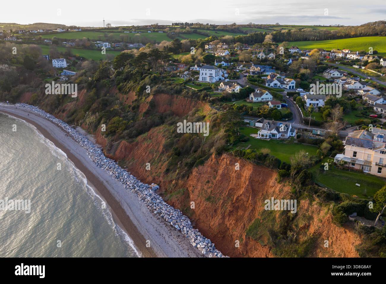 Seaton, Devon, UK. 30th November 2025. Aerial view of cliffs at Seaton ...