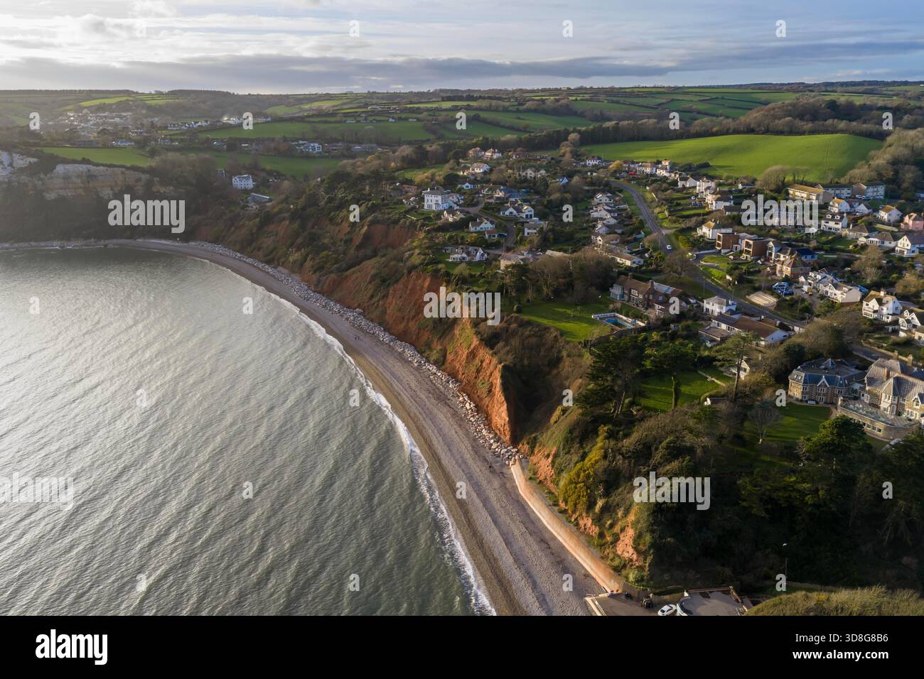 Seaton, Devon, UK. 30th November 2025. Aerial view of cliffs at Seaton ...