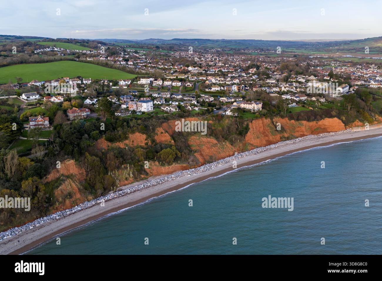 Seaton, Devon, UK. 30th November 2025. Aerial view of cliffs at Seaton ...