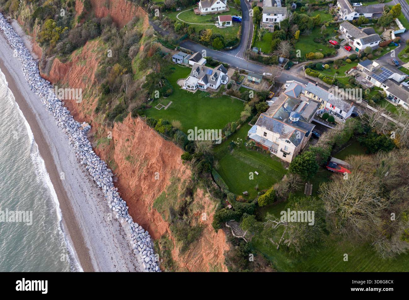 Seaton, Devon, UK. 30th November 2025. Aerial view of cliffs at Seaton ...