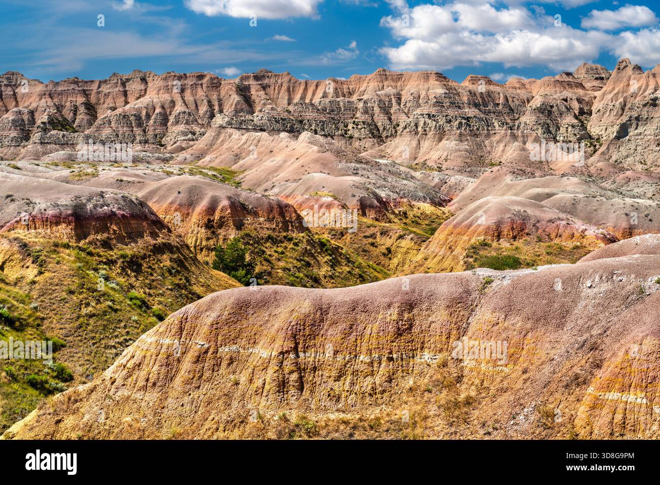 Colorful sedimentary rock layers in Badlands National Park, South ...