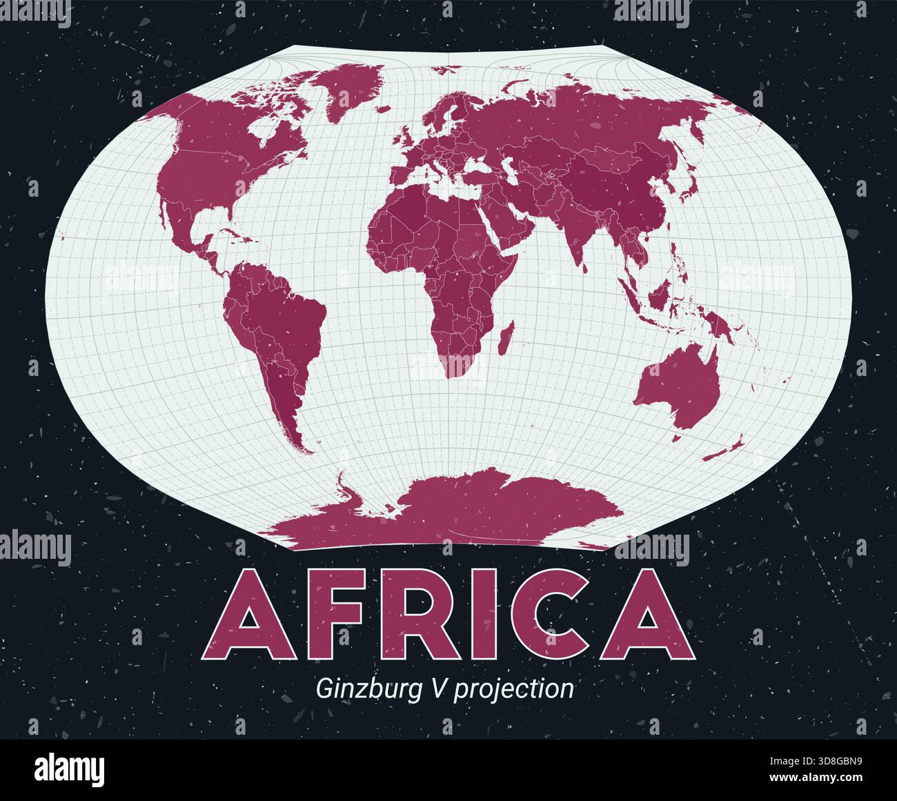 Africa. World map. Ginzburg V projection centered on Africa. Pale Mint ...
