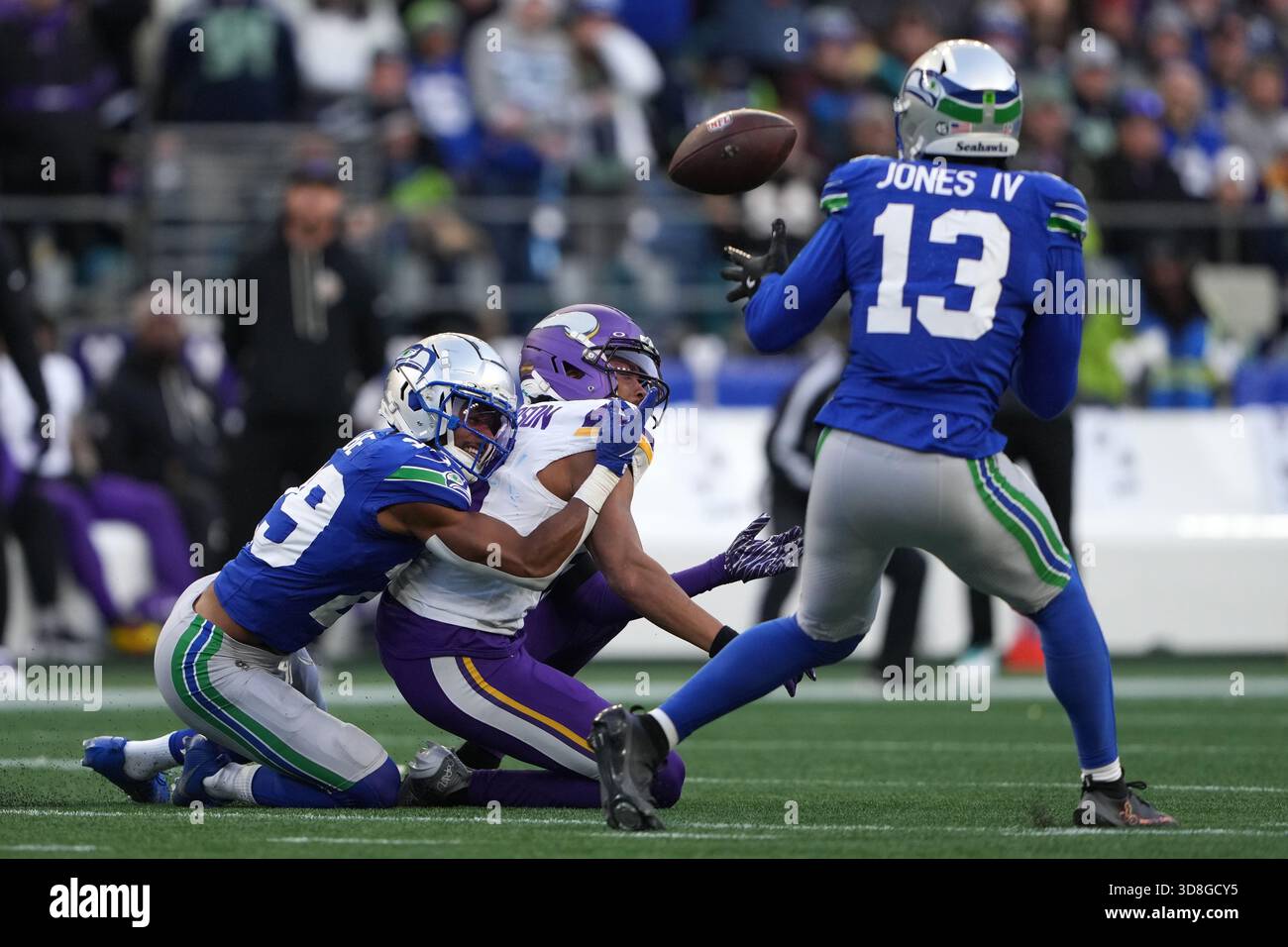Seattle Seahawks linebacker Ernest Jones IV (13) recovers a ball ...