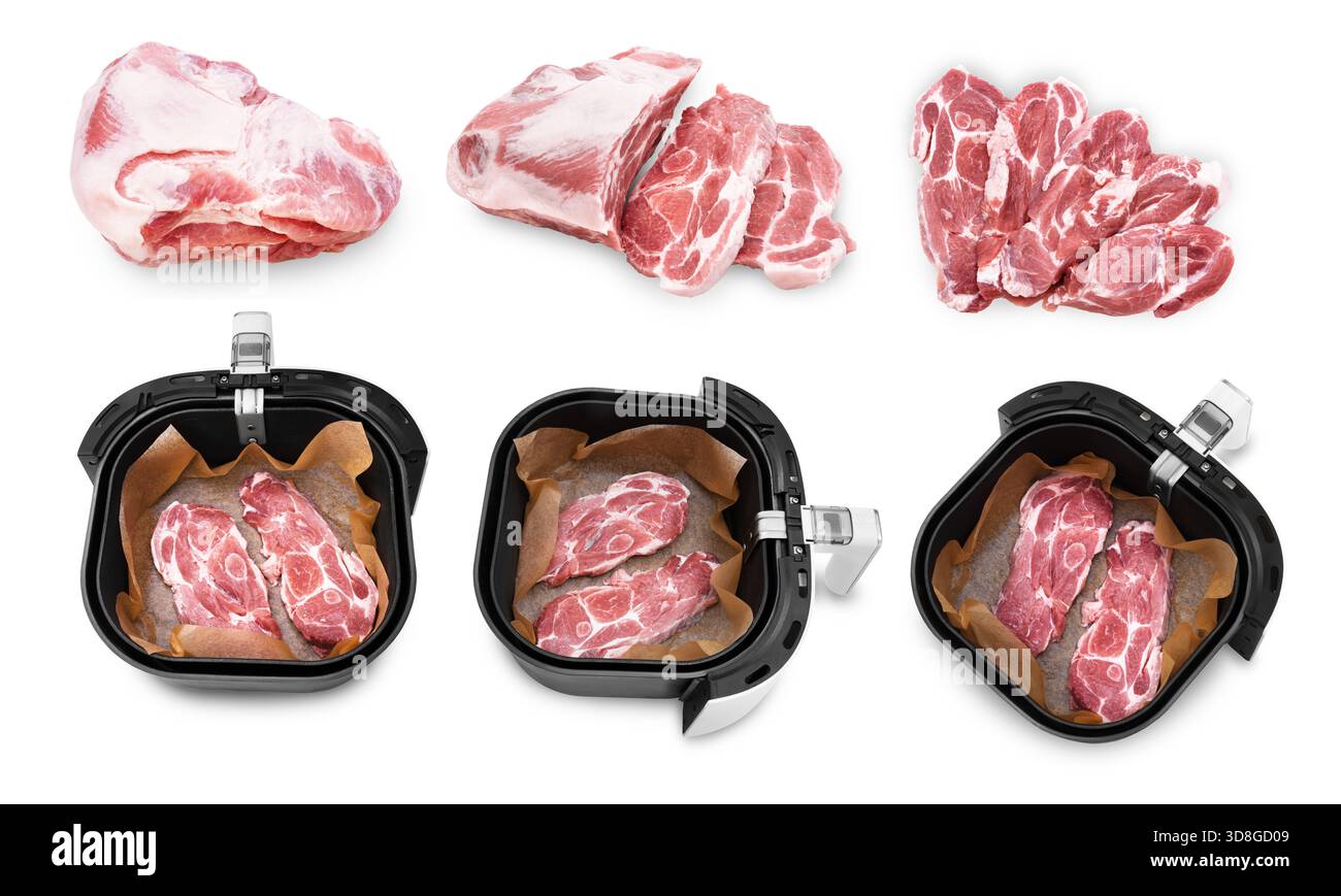 Collage showing raw pork neck meat (whole, sliced, and arranged) with ...