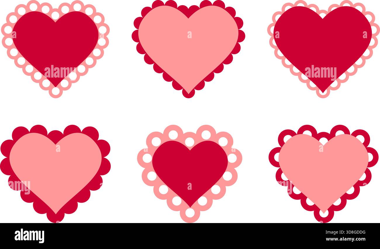 Set of cute paper or textile red heart shapes with scalloped borders ...