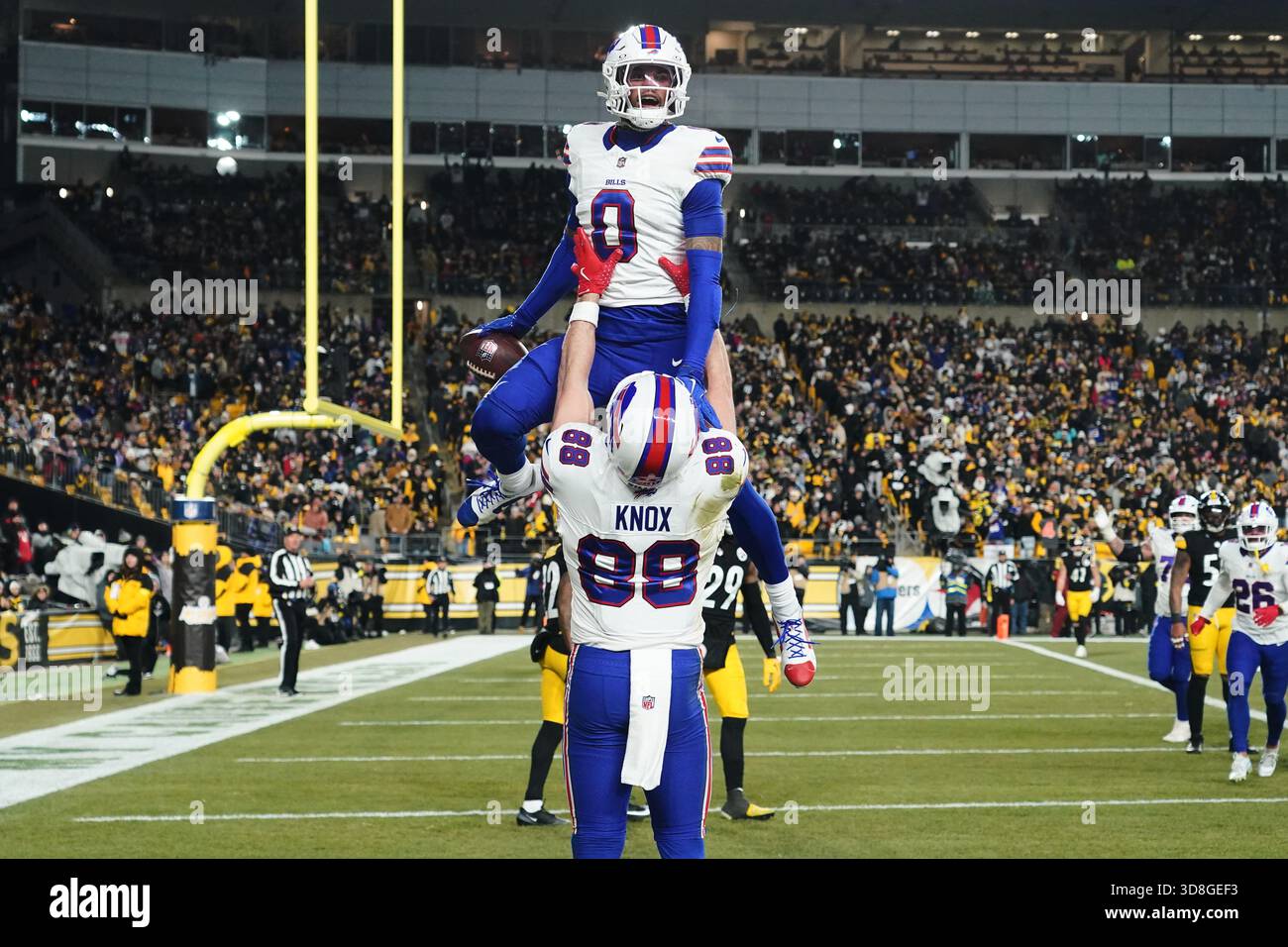 Buffalo Bills wide receiver Keon Coleman (0) celebrates with tight end ...