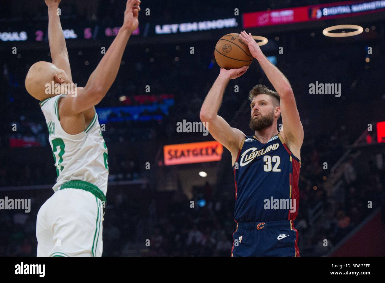 Cleveland Cavaliers' Dean Wade (32) shoots over Boston Celtics' Jordan ...