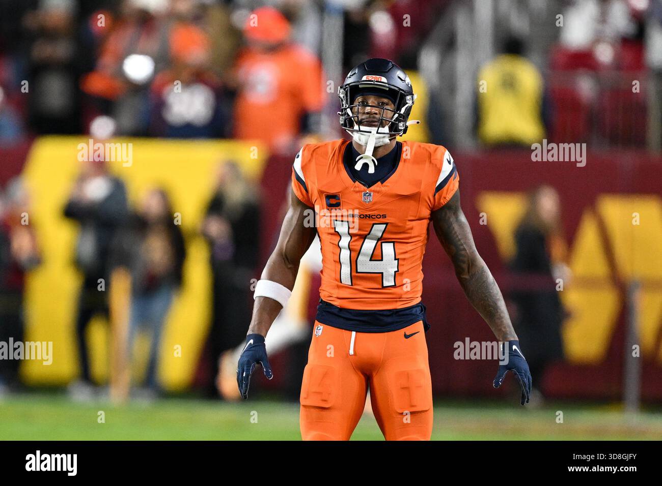 Denver Broncos wide receiver Courtland Sutton (14) works out during pre ...