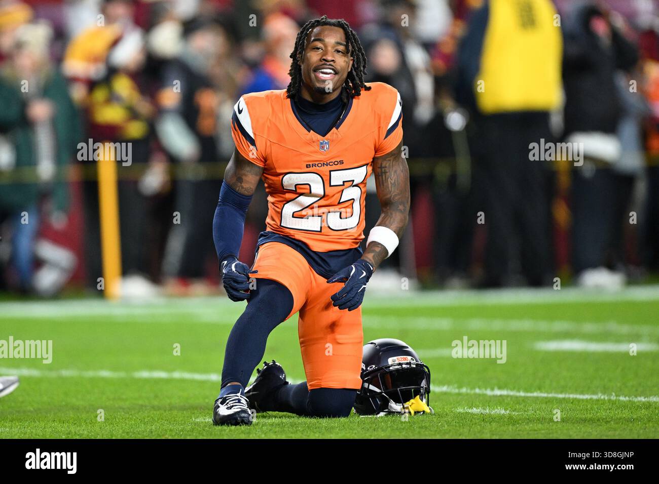 Denver Broncos cornerback Jahdae Barron (23) stretches during pre-game ...
