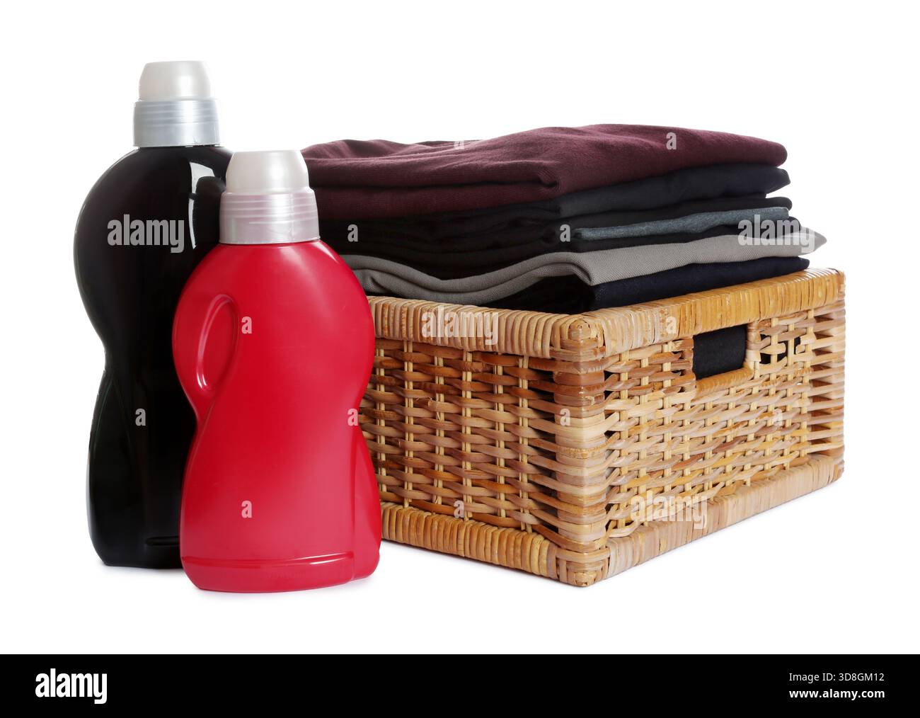Laundry basket with clean clothes and detergents isolated on white ...