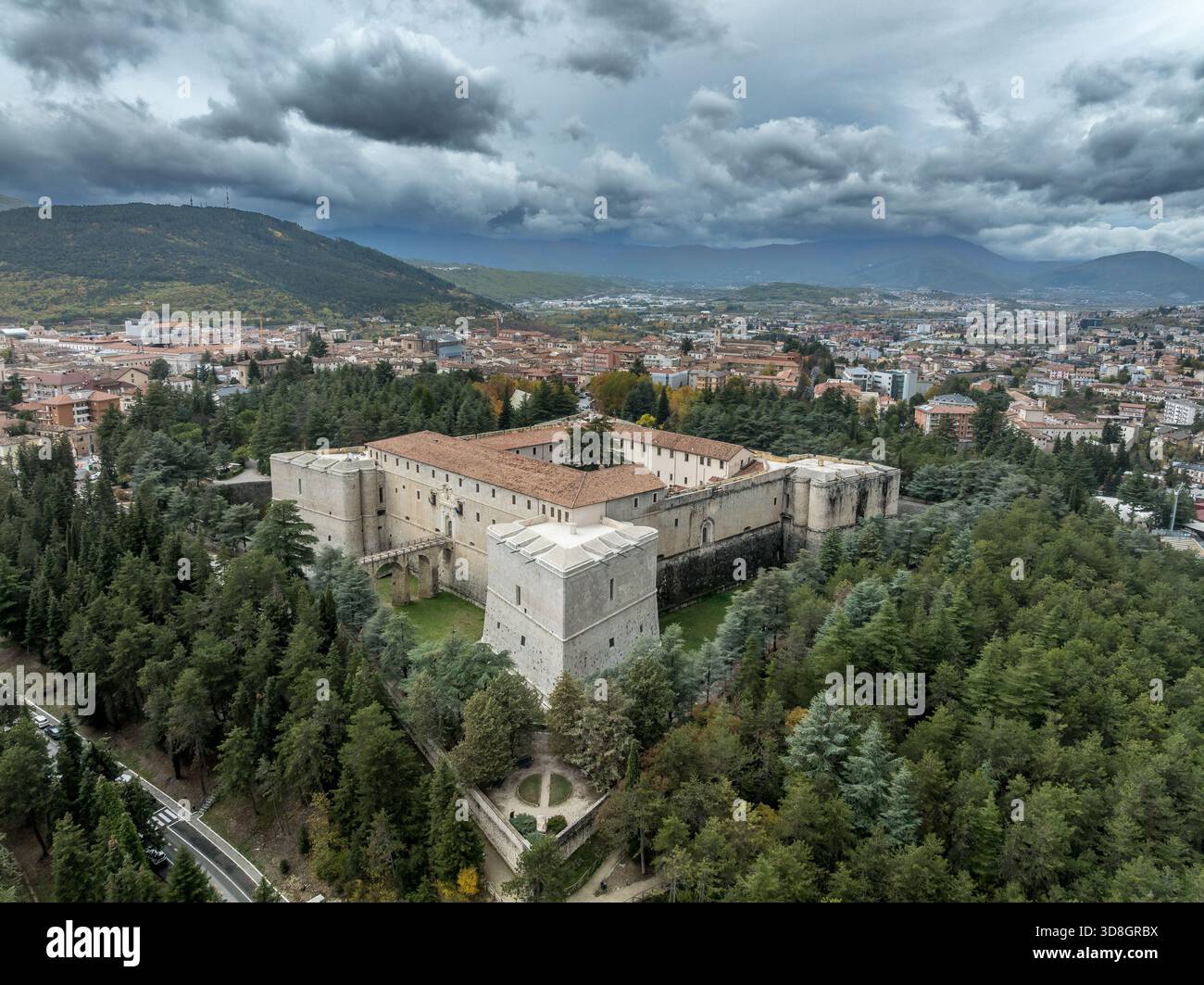 Aerial view of L'Aquila's massive 16th-century Renaissance fortress ...