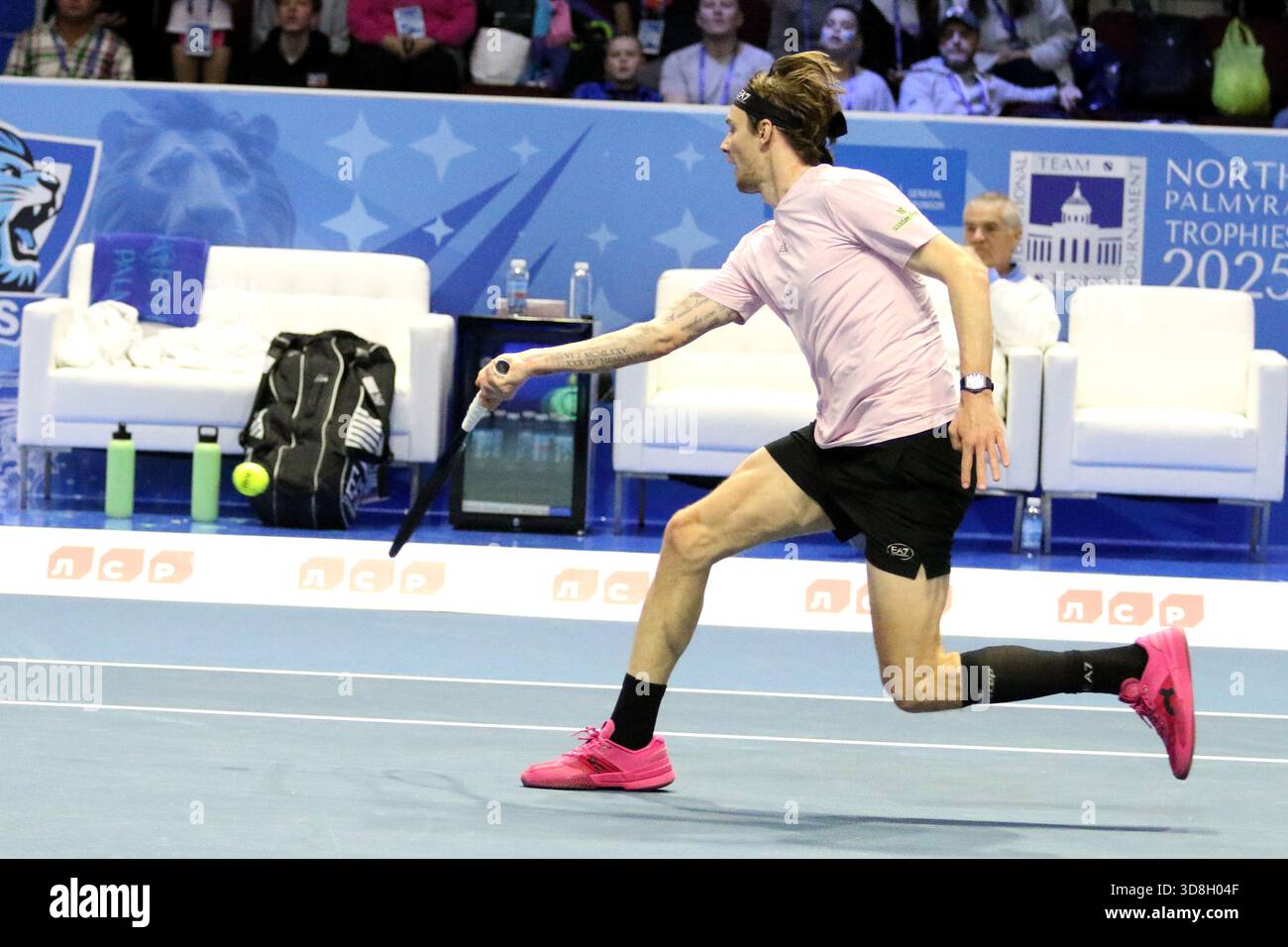 Alexander Bublik of Kazakhstan plays against Daniil Medvedev of Russia (Not in view) during the ...