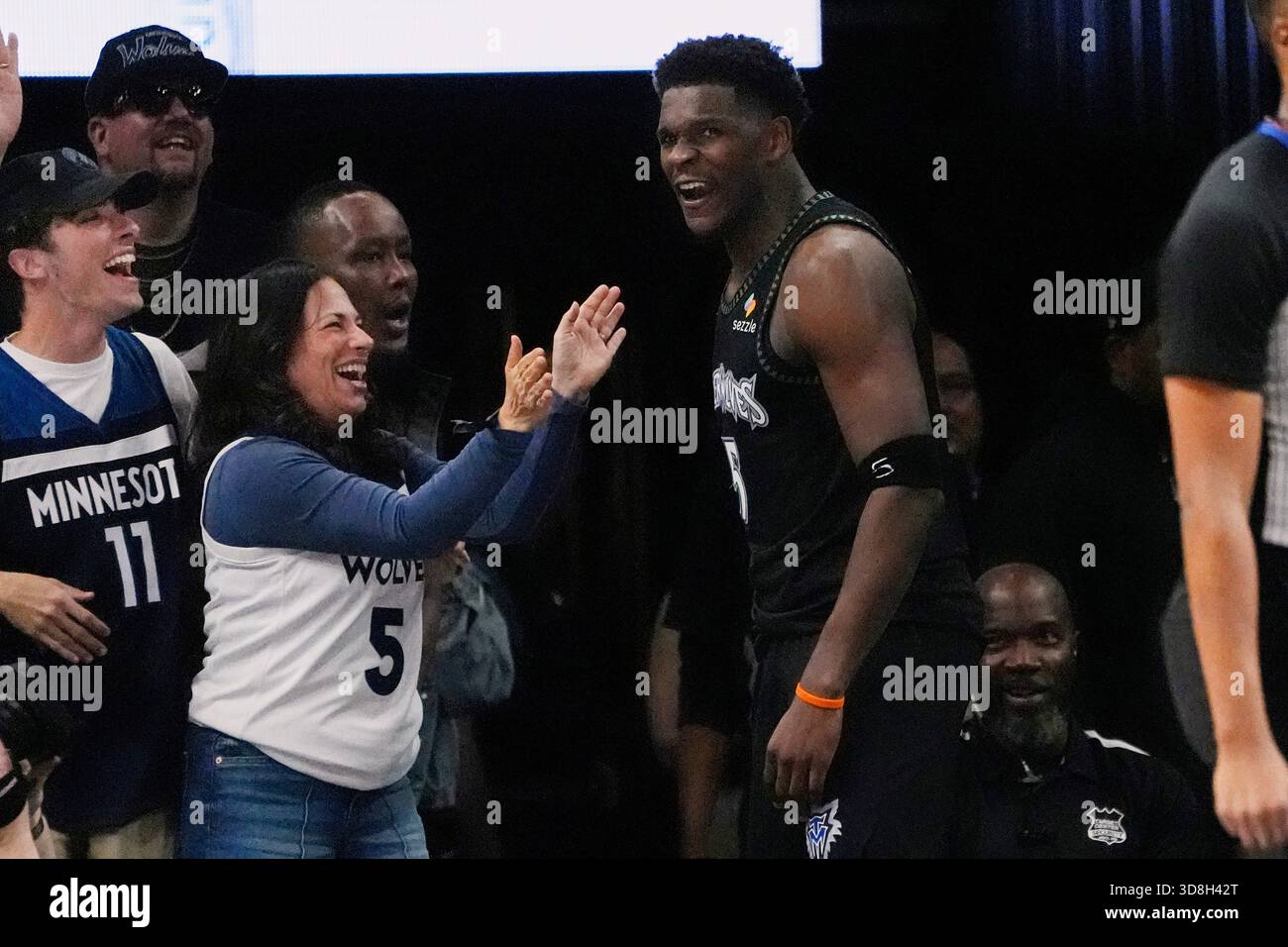 Minnesota Timberwolves guard Anthony Edwards (5) celebrates his basket ...