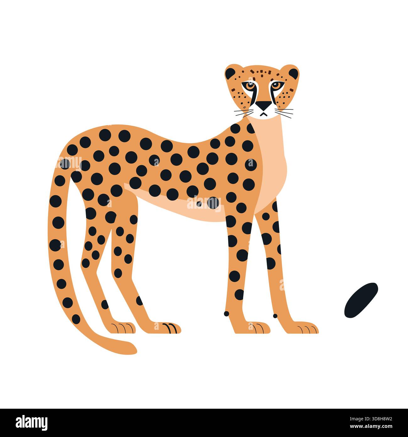 A cartoon cheetah with black spots stands on a white background. The ...
