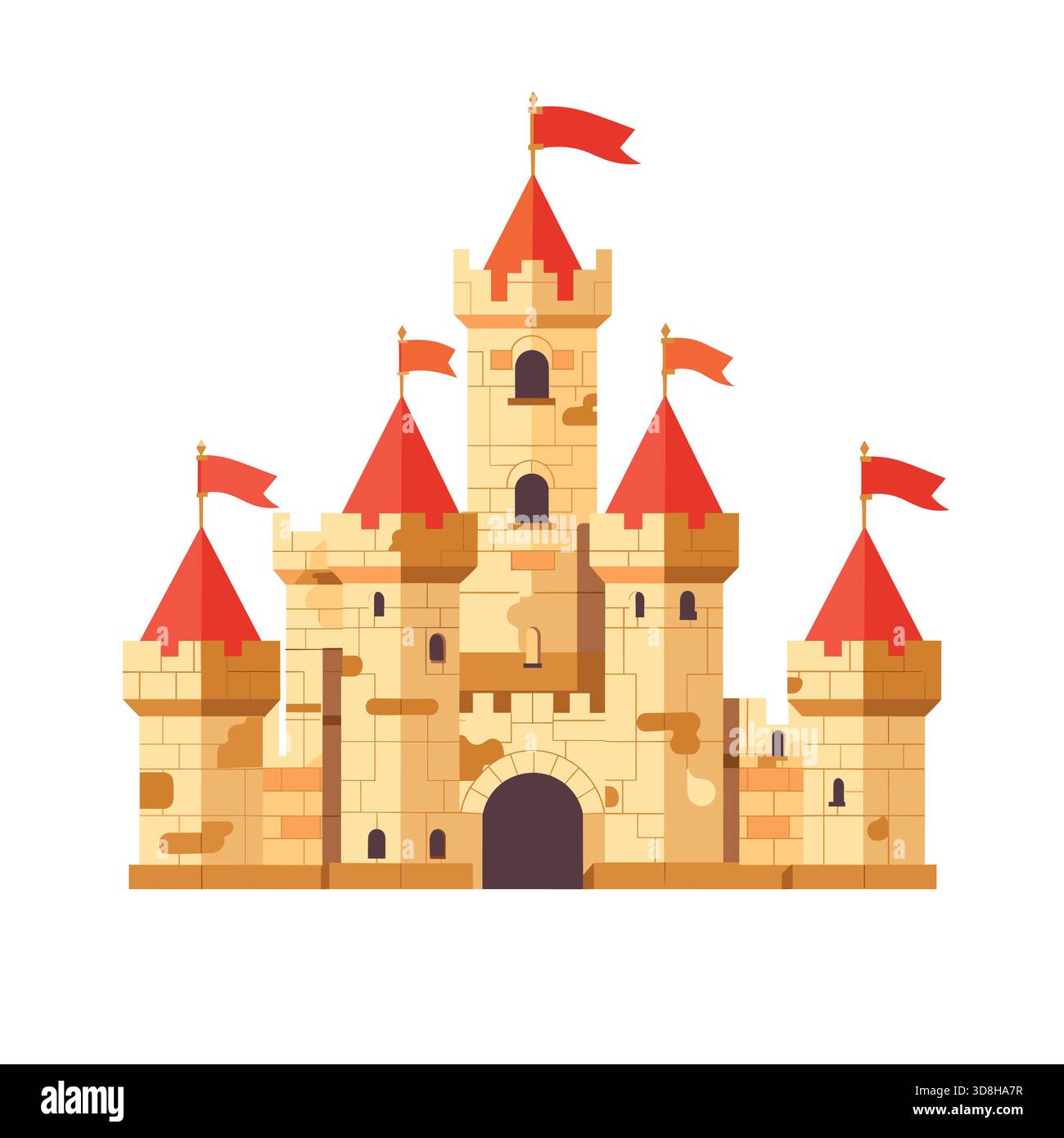 Flat vector illustration of a fairy tale castle. It features red flags ...