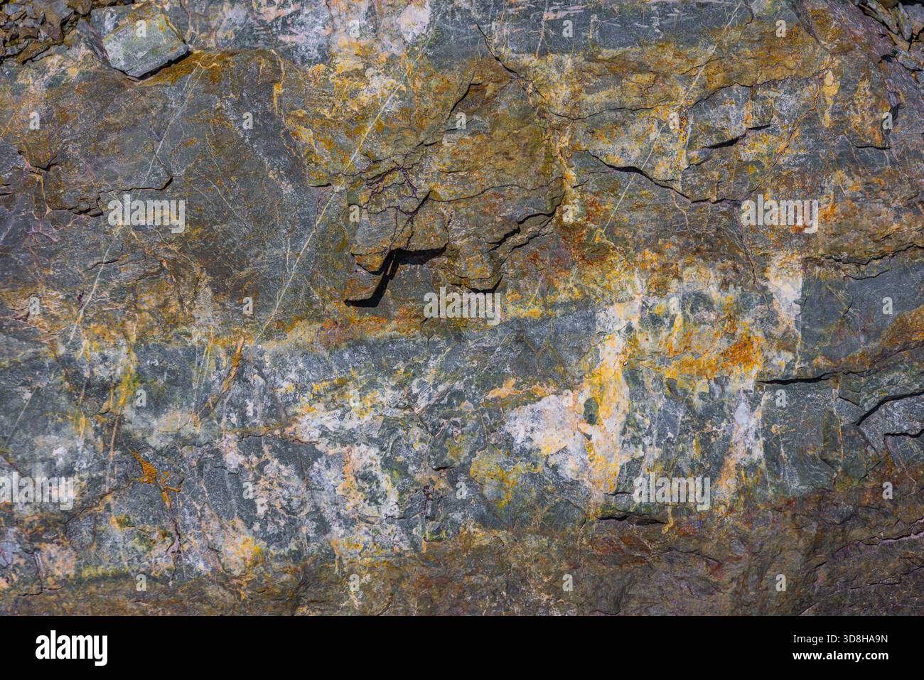 Detailed texture of a heavily fractured metamorphic rock surface ...