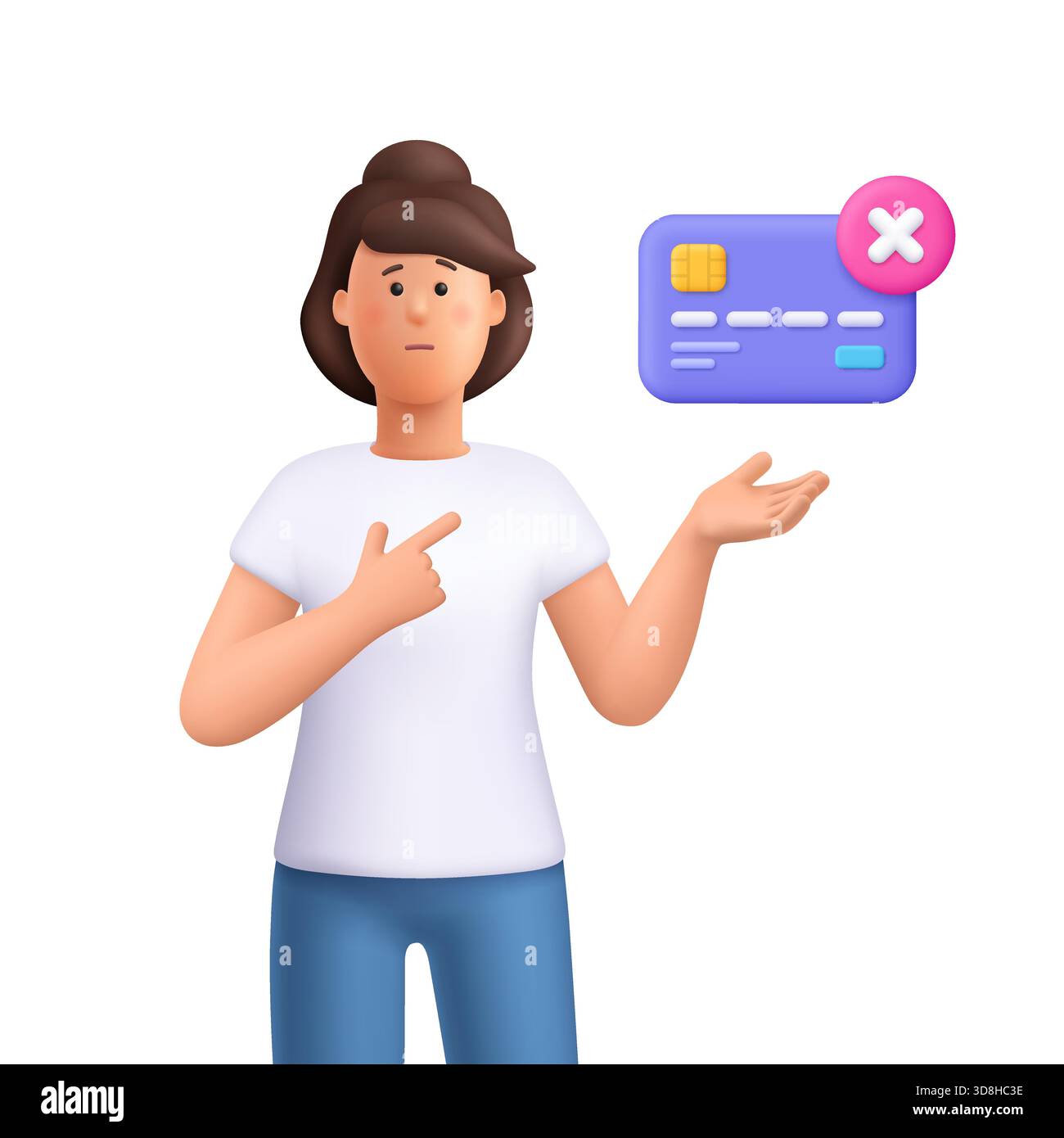 Confused woman Jane pointing at credit card with error symbol. Finance ...