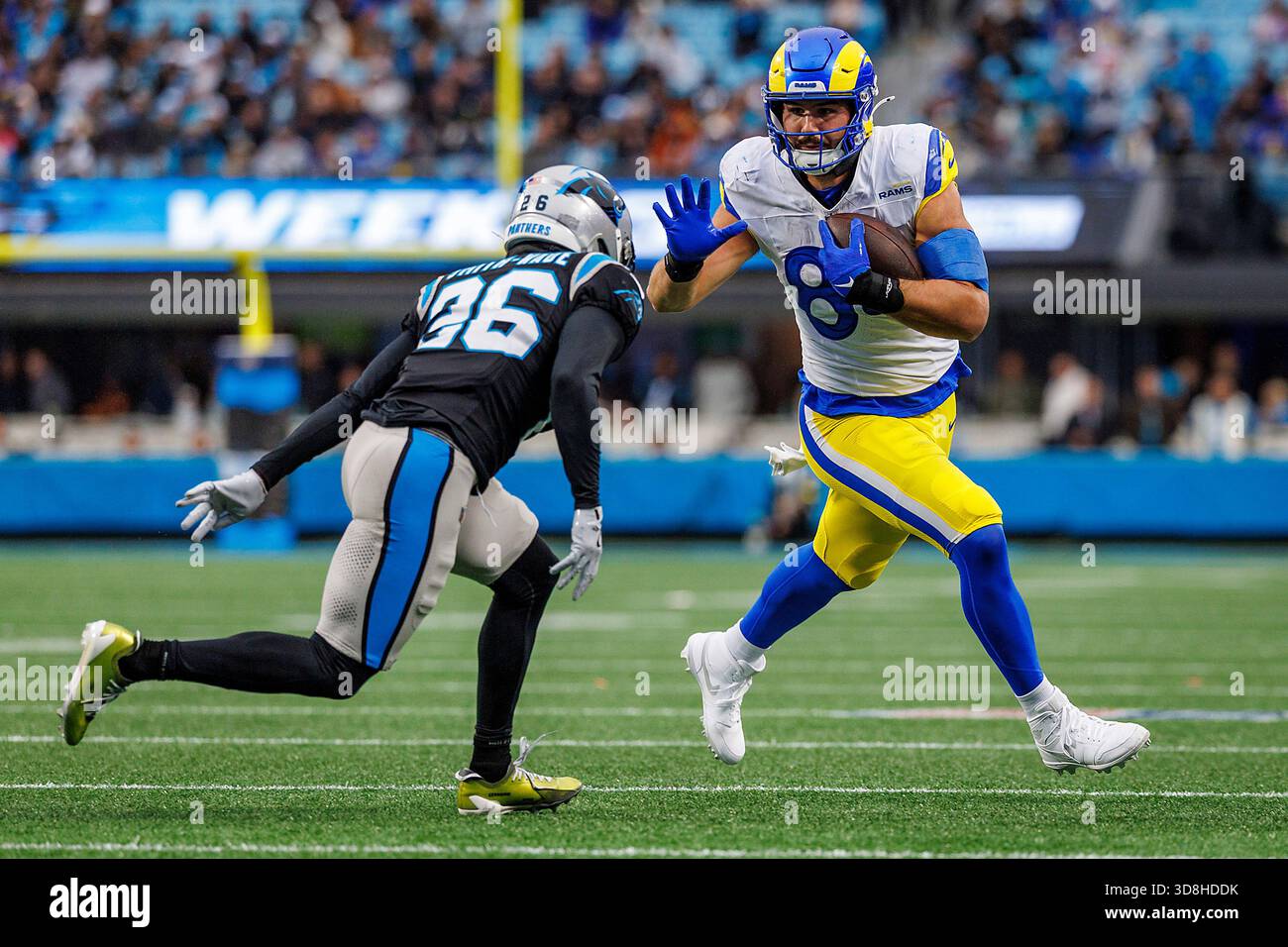 Los Angeles Rams tight end Colby Parkinson (84) attempts to avoid the ...
