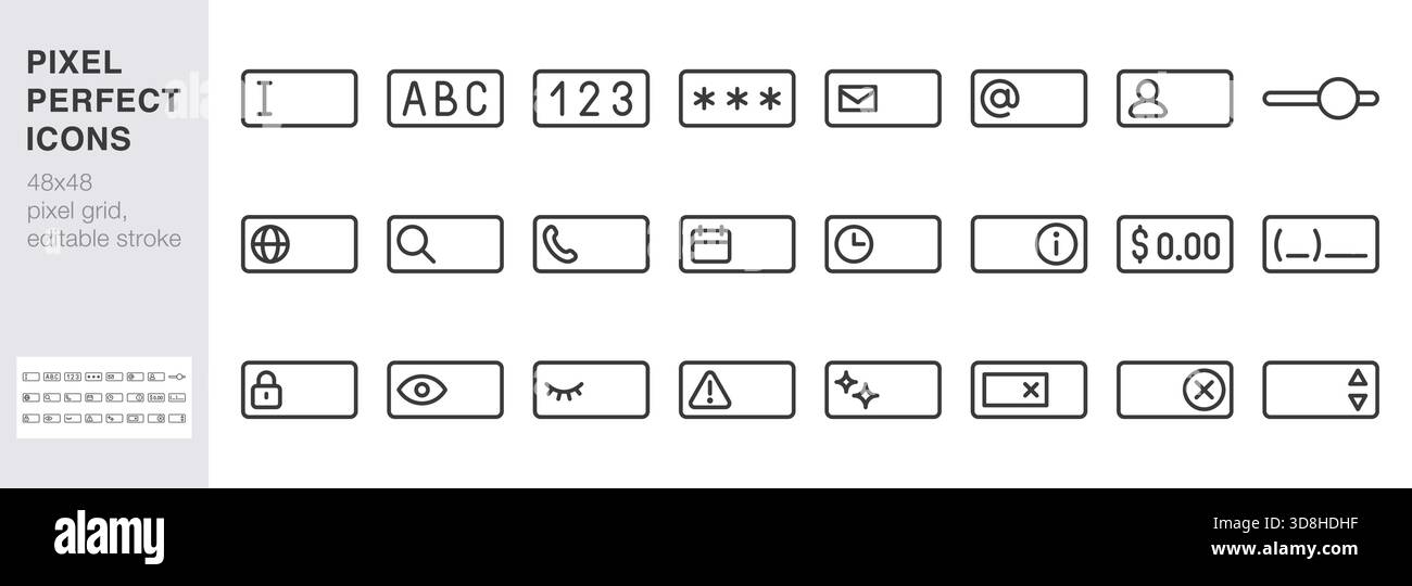 Text input field line icon set. Username, password, email, calendar ...