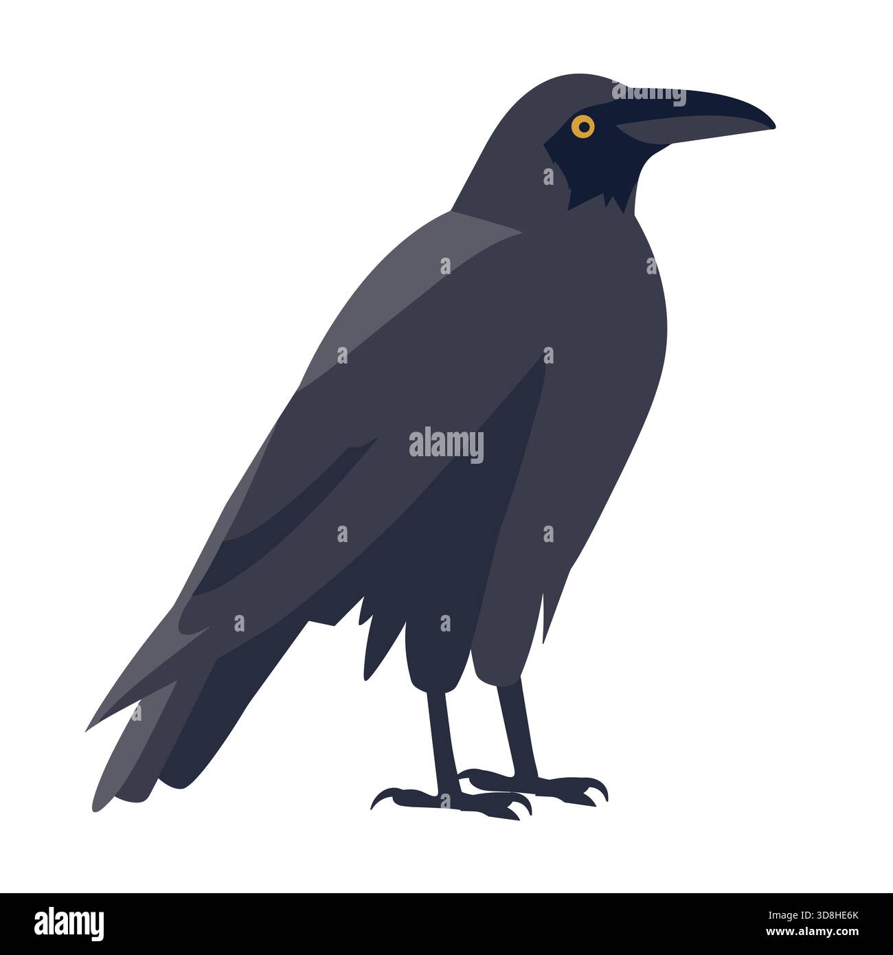 A Crow with dark feathers, yellow eyes, and black beak stands on thin ...