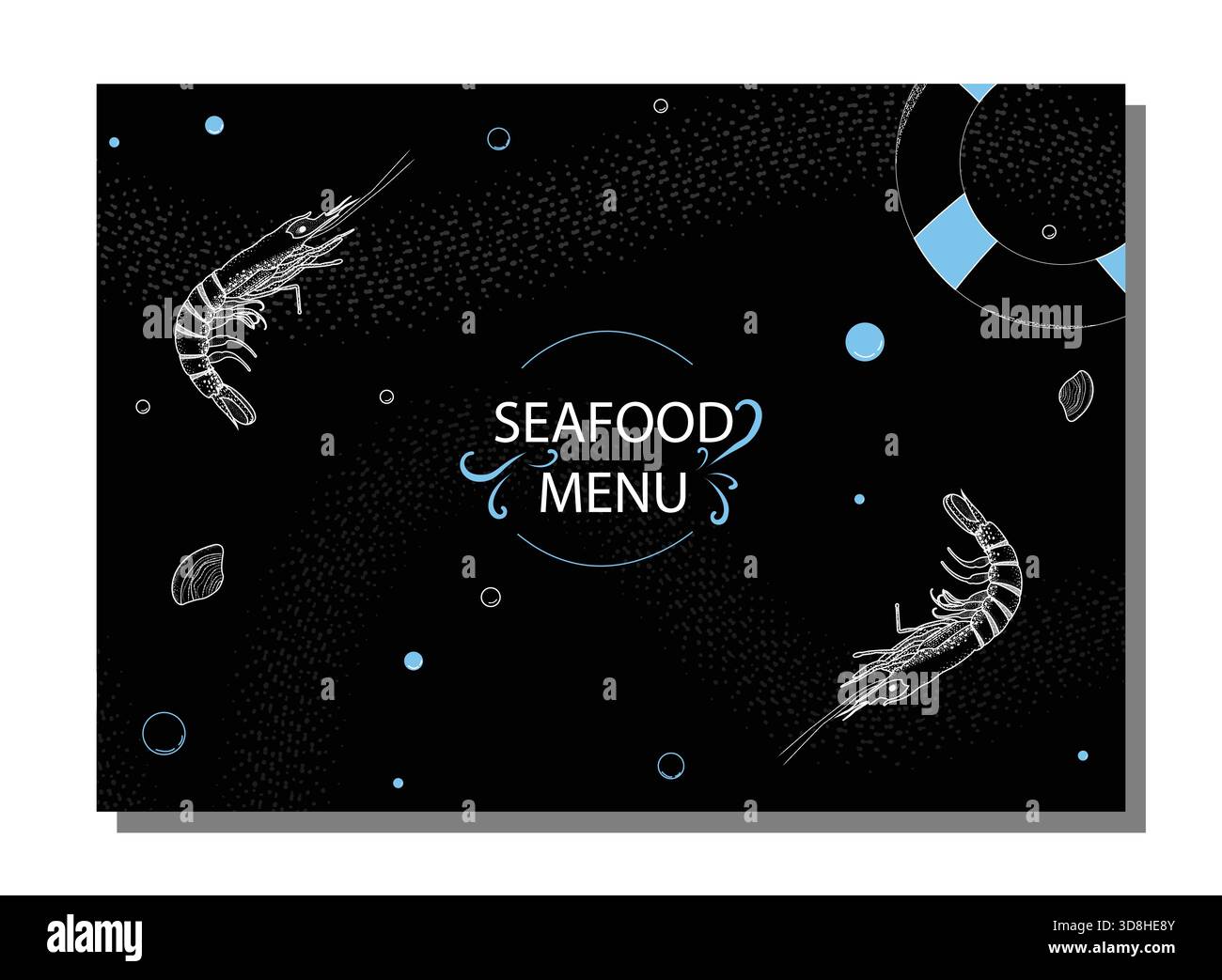 Stylized seafood menu cover with shrimp, seashells, lifebuoy, and ...
