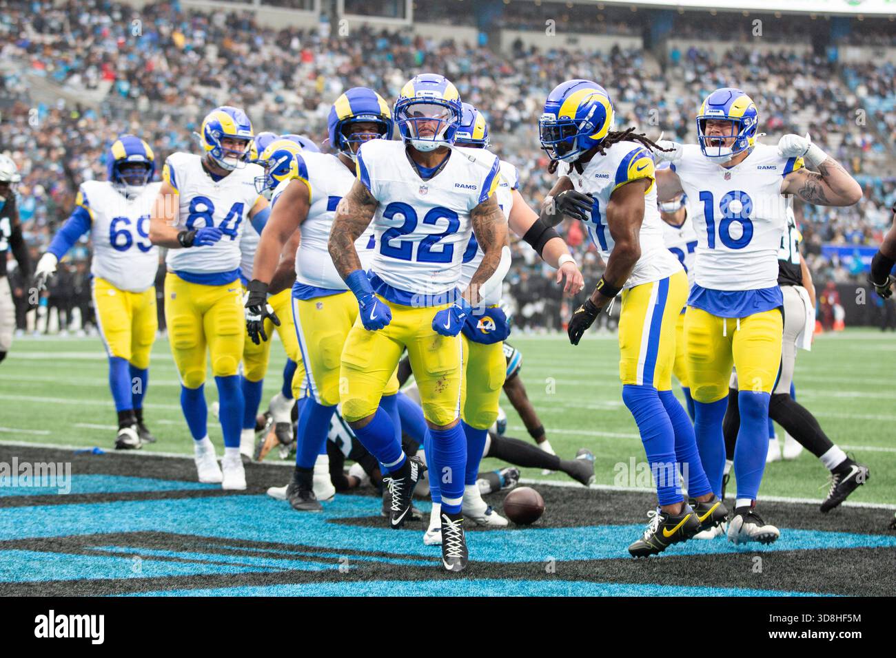 Los Angeles Rams running back Blake Corum (22) celebrates after scoring ...
