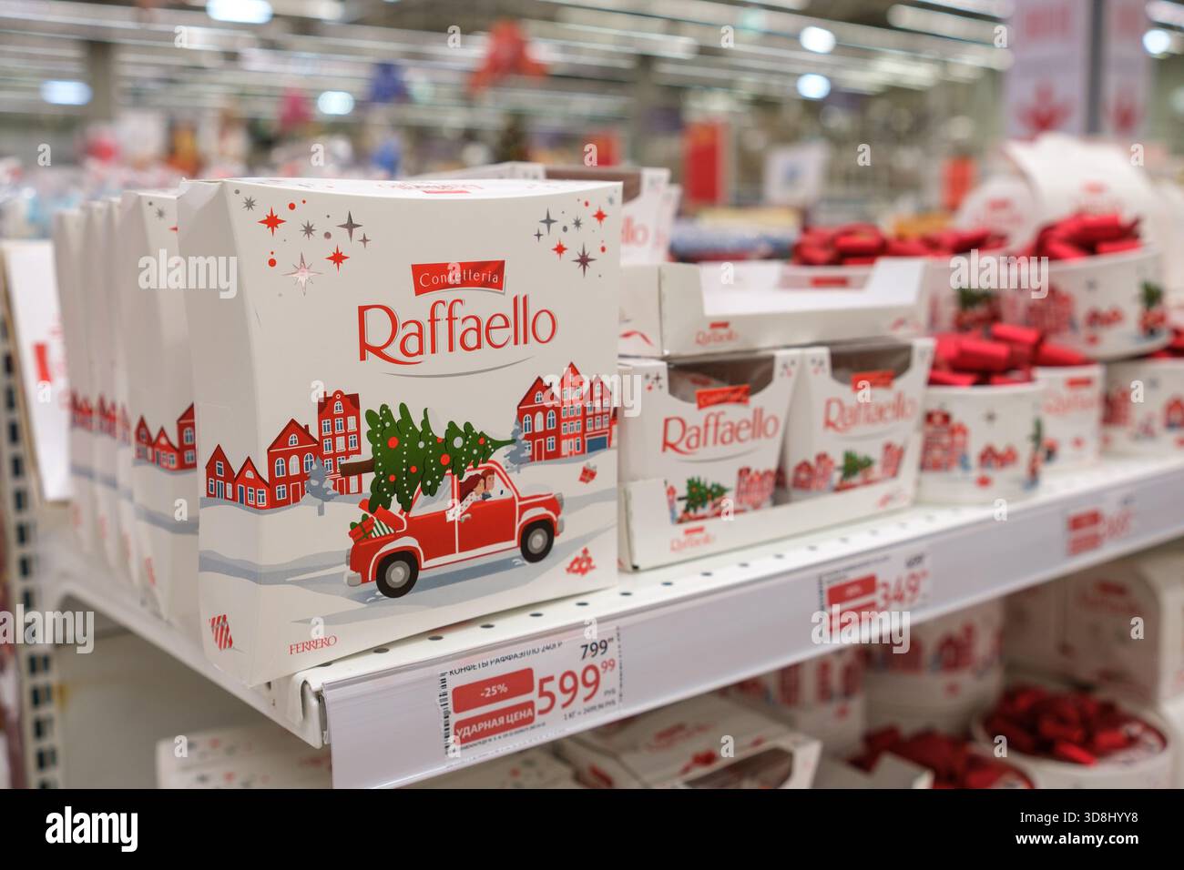 November 30, 2025, Moscow, Russia. Festive candy boxes line the shelves ...