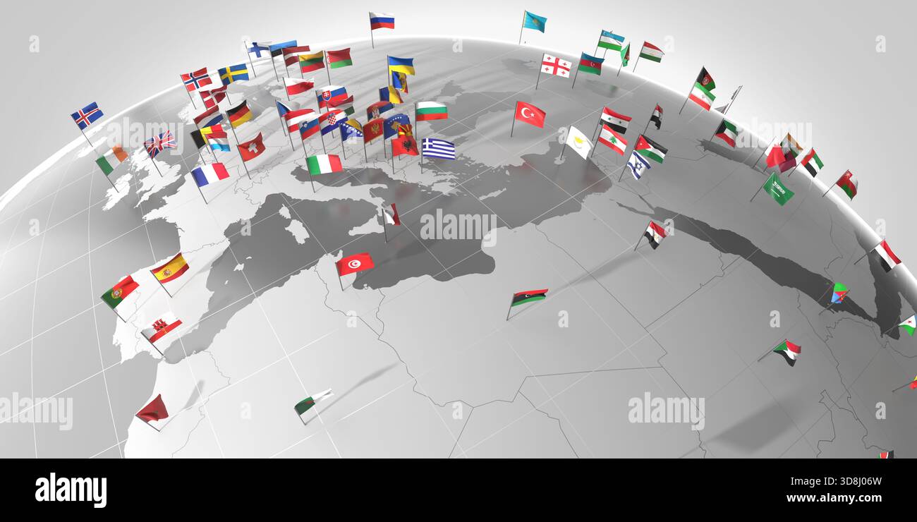 Mediterranean sea countries' borders and flags - 3D illustration Stock ...