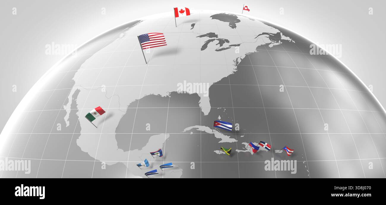 North America - countries' borders and flags - 3D illustration Stock ...