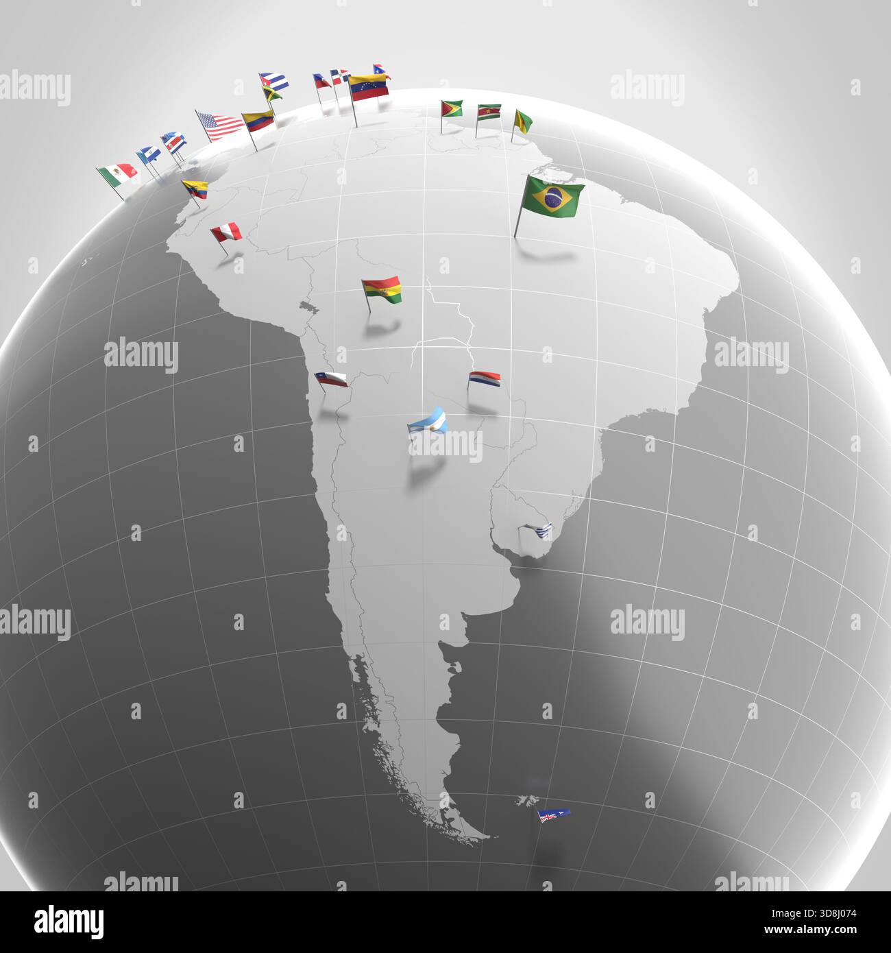 South America countries' borders and flags - 3D illustration Stock ...