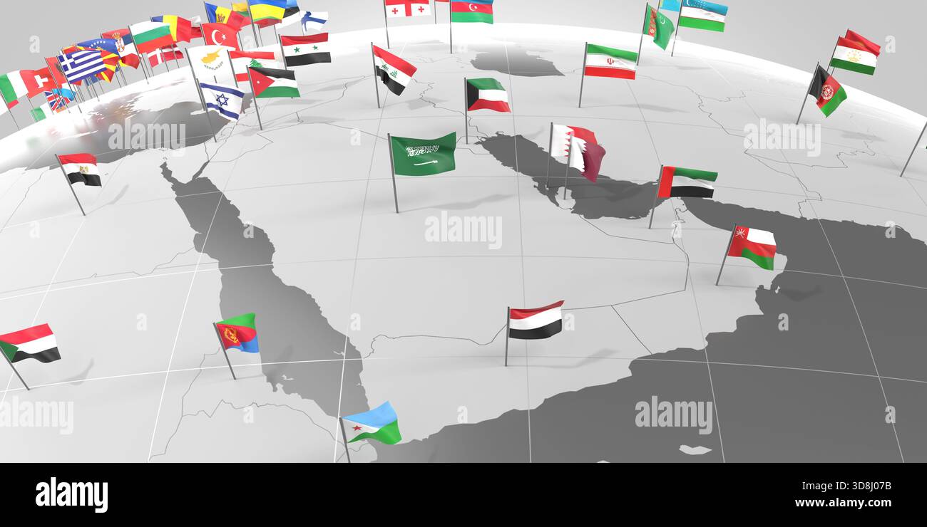 Arab Peninsula - countries' borders and flags - 3D illustration Stock ...