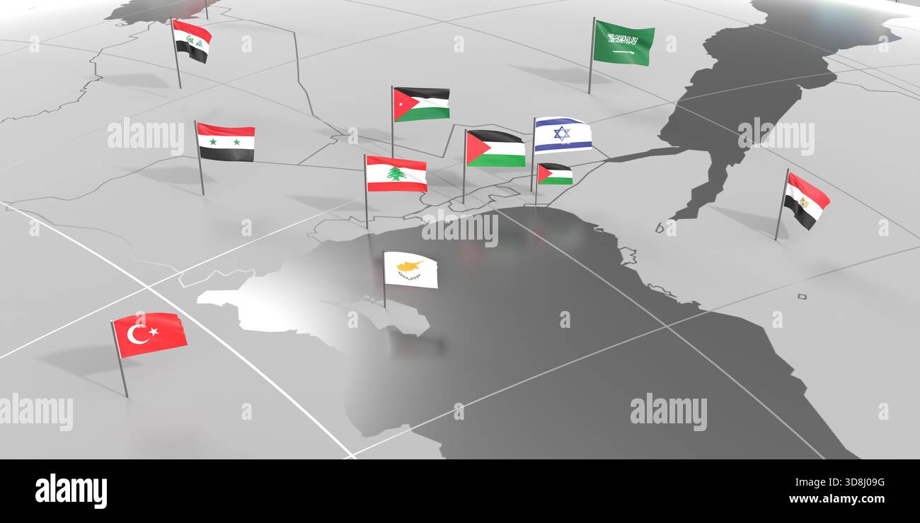 Middle East - countries' borders and flags - 3D illustration Stock ...
