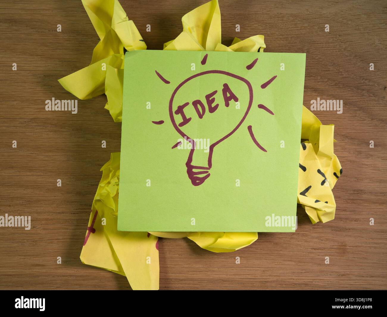 Creative Idea Sticky Note on Wood Desk - A vibrant green sticky note ...