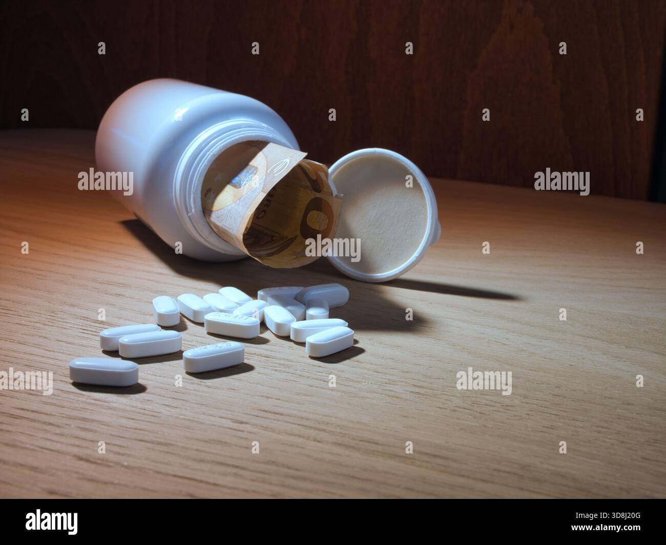 Cost of Medicine: Euro Bills & Pills - White pill bottle with 50 Euro ...
