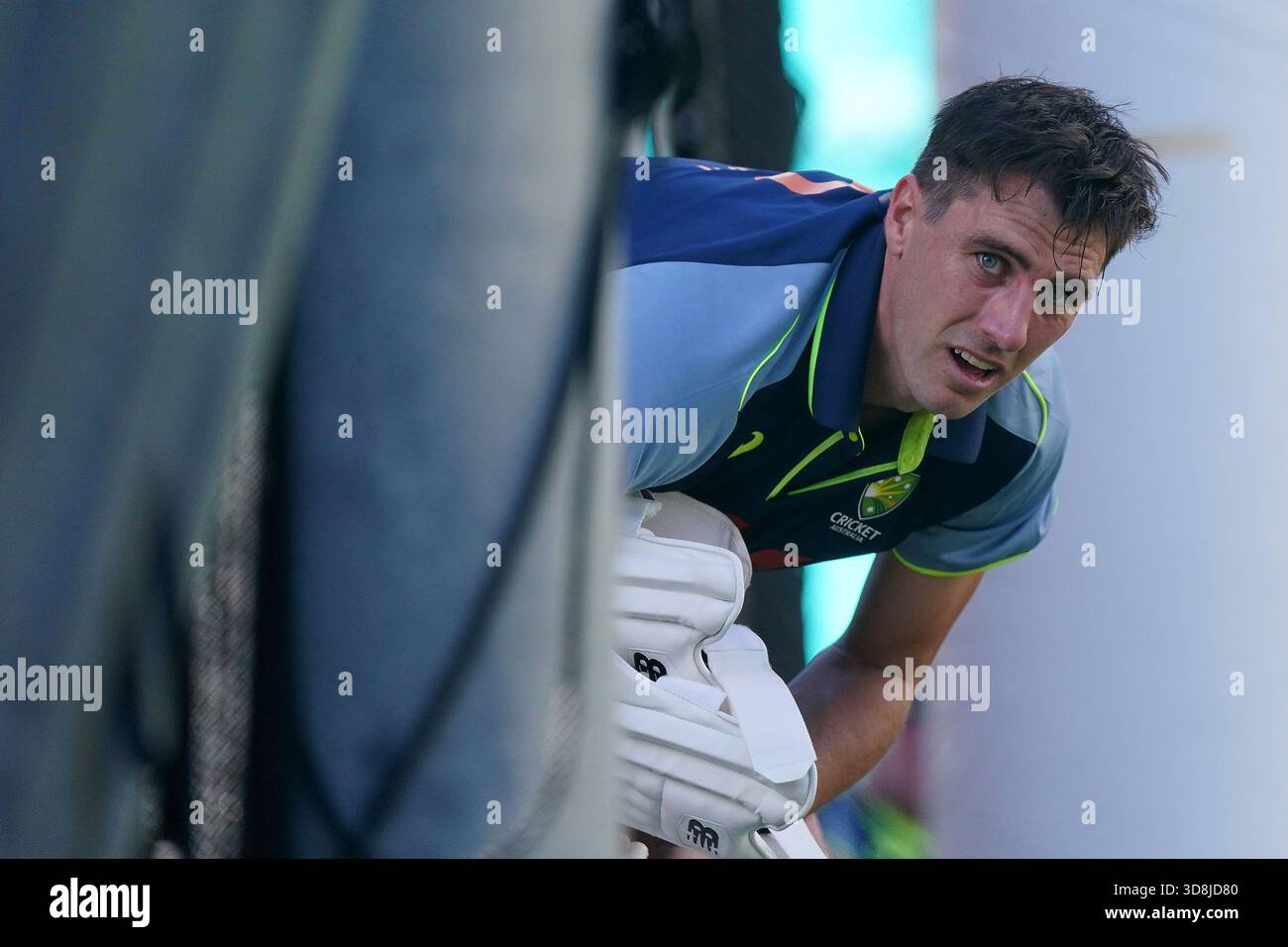 Australia's Pat Cummins looks on during a nets session at The Gabba ...