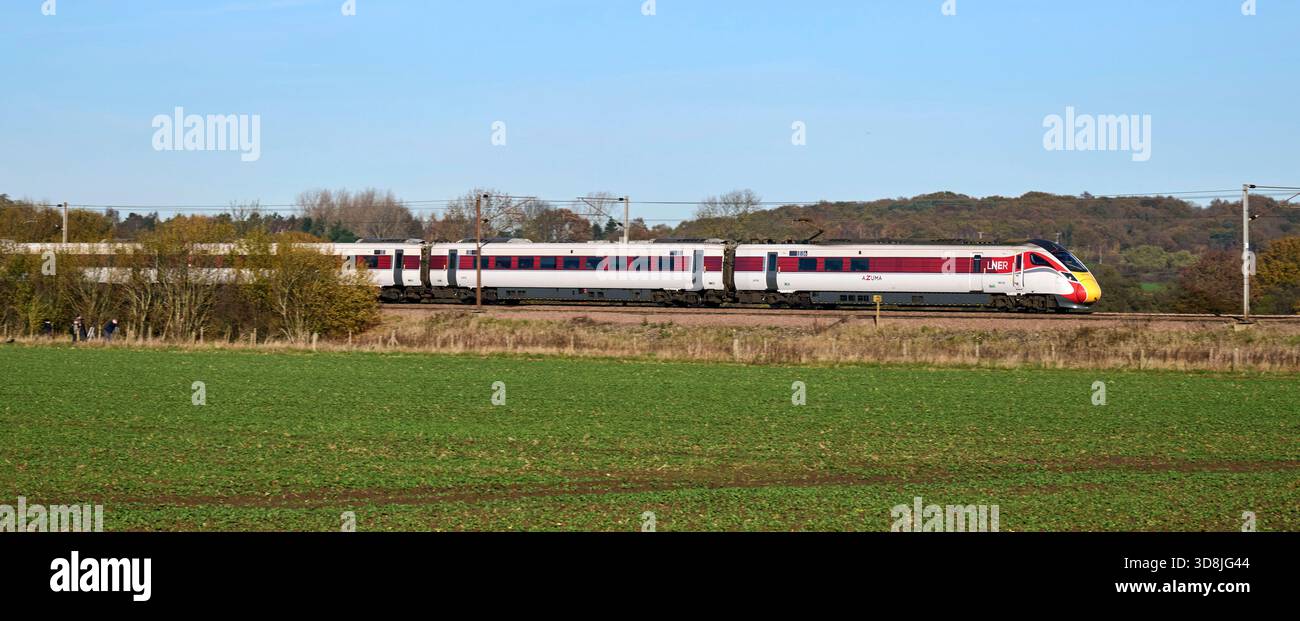 LNER Azuma train at Speed, on the east coast main line, south of Selby ...