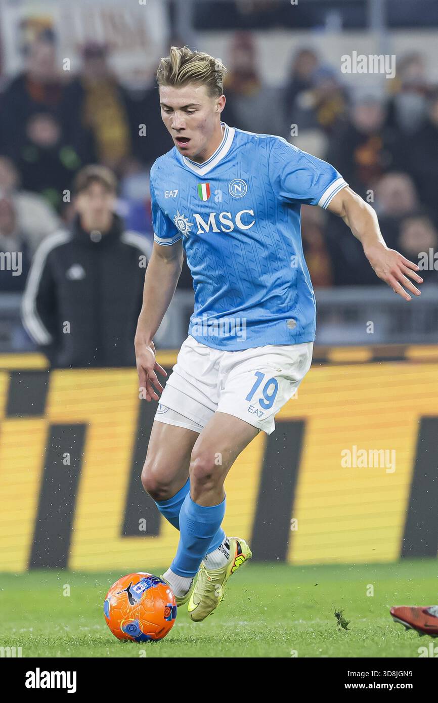 Napoli's Danish forward Rasmus Hojlund controls the ball during the ...