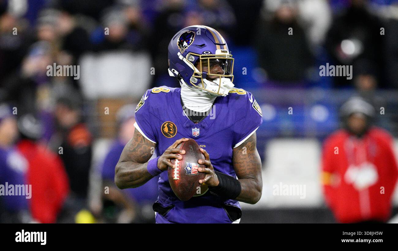 Baltimore Ravens quarterback Lamar Jackson (8) in action during the ...
