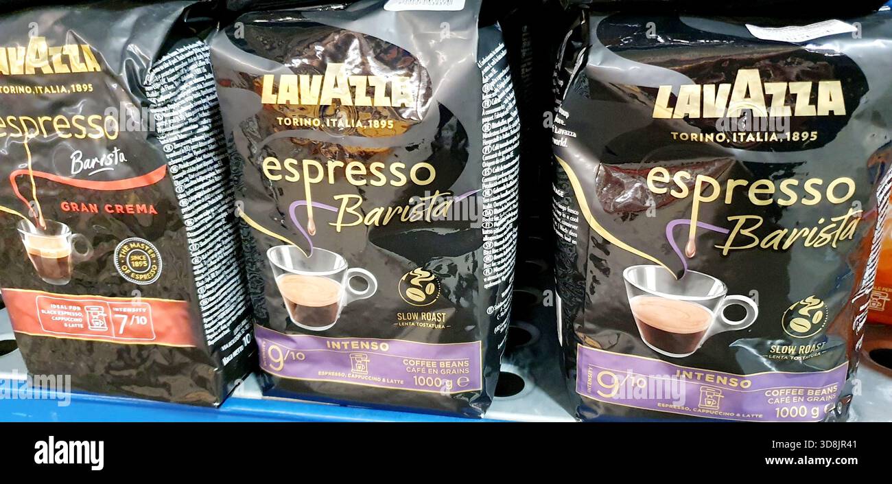 Lavazza coffee bags on shelf in a supermarket, a premium Italian coffee ...