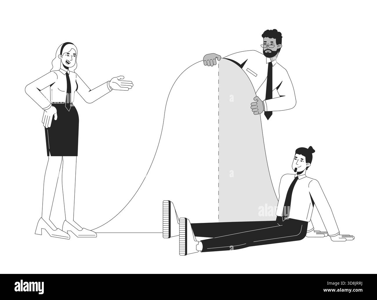 Bell curve analysis with statisticians team line illustration concept ...