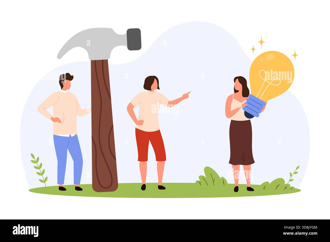 Tiny people with oversized hammer and glowing lightbulb represent ...